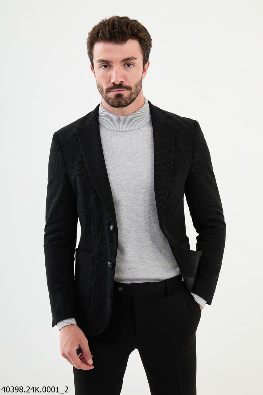 Black Slim Fit Striped Men's Velvet Blazer | GENT WITH