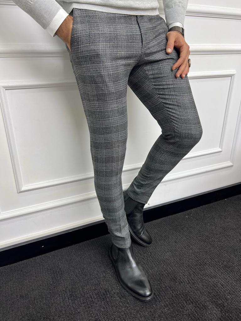 Gray Slim Fit Groom Wedding Check Pants for Men | GentWith – GENT WITH