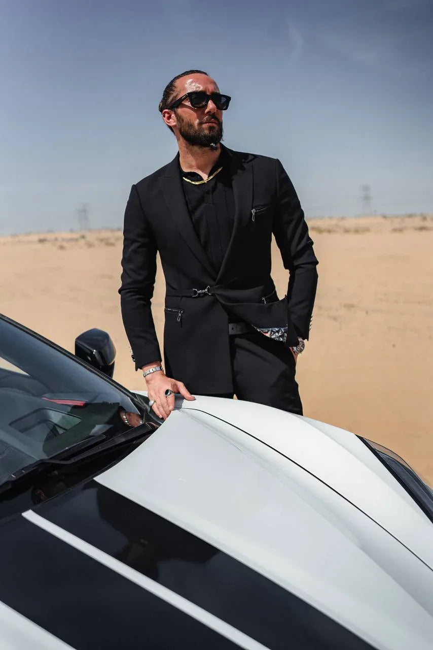 Black Slim Fit 2 Piece Buckle Suit for Men | GENT WITH