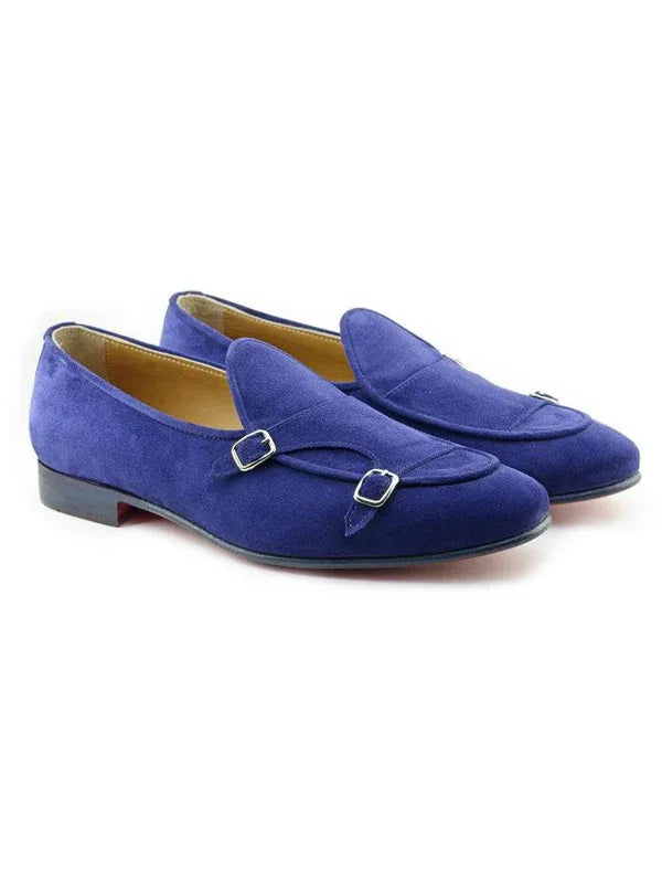 Buy Suede Navy Blue Double Monk Strap Shoes for Men Online - GENT WITH